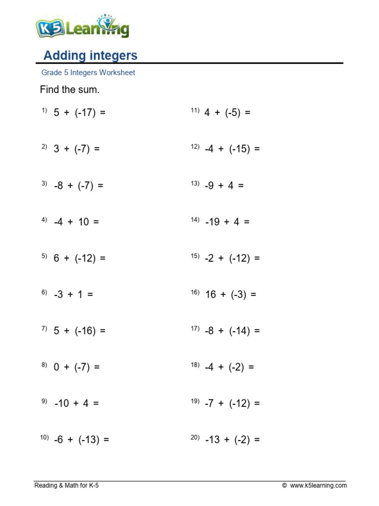Grade 5 Integers Addition A | PDF