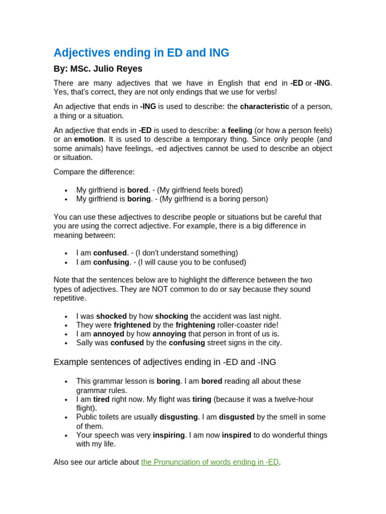 Adjectives Ending in ED and ING - Participial Adjectives | PDF ...