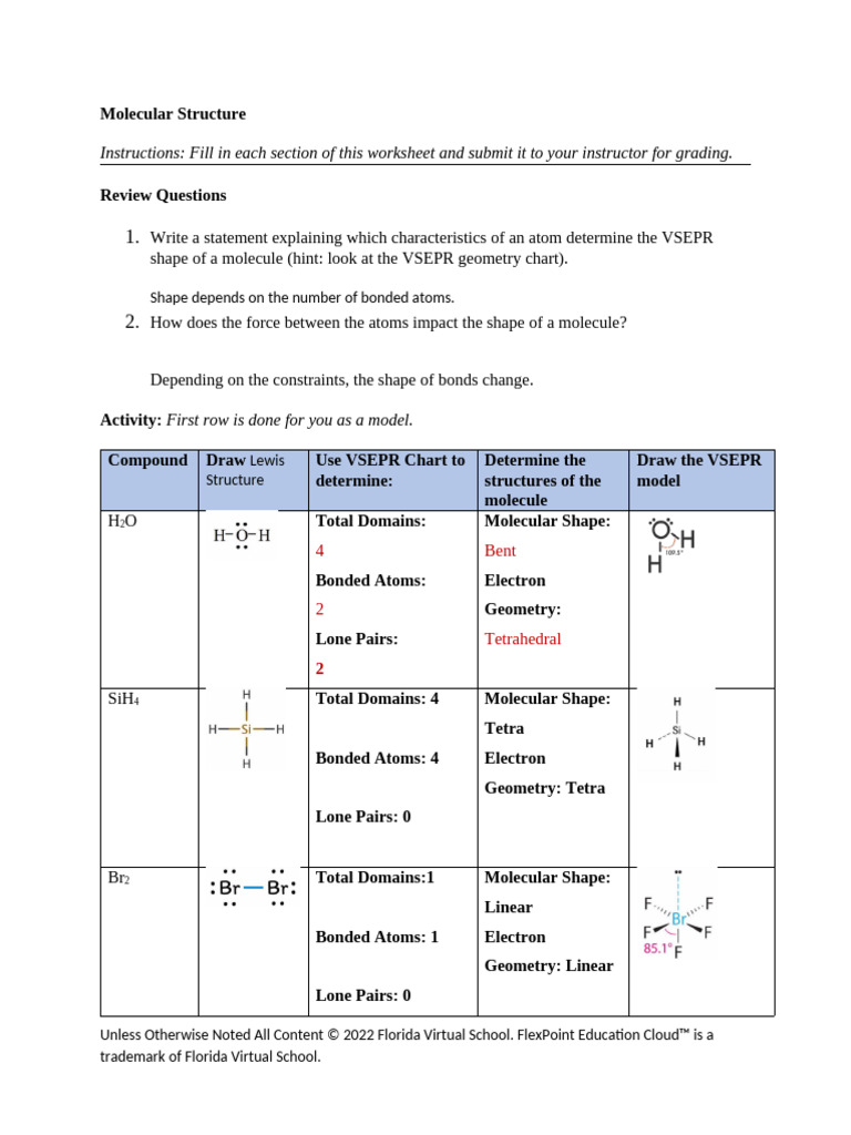 Molecular Structure Worksheet | PDF | Molecules | Chemical Substances