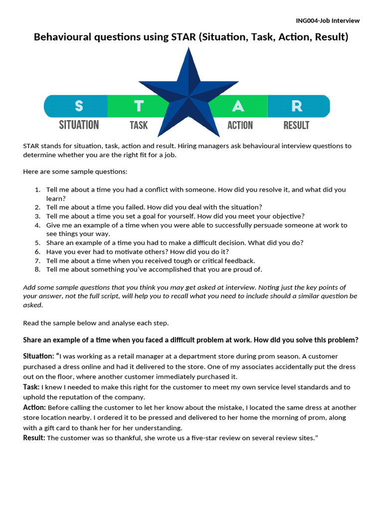 ING004-Interview Behavioural Questions Using STAR | PDF | Job Interview | Cognition