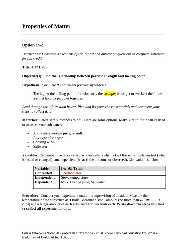 Properties of Matter Lab | PDF | Matter | Liquids