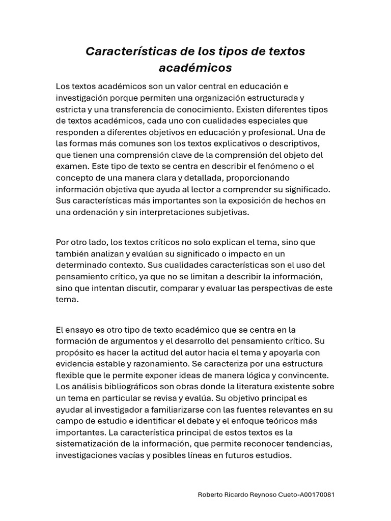 Características de Los Tipos de Textos Académicos | PDF | Análisis ...