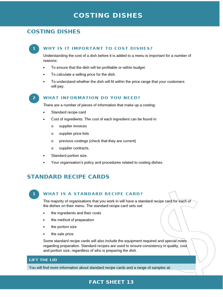 Fact Sheet 13 - Costing dishes | PDF | Percentage | Recipe