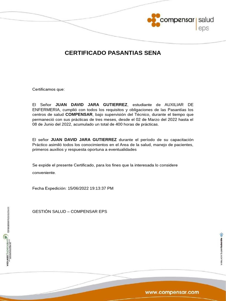 Certificado Pasantias Sena | PDF