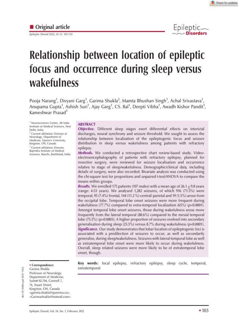 Epileptic Disorders - 2022 - Narang - Relationship Between Location of Epileptic Focus and ...