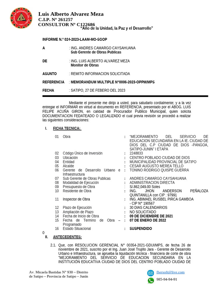 INFORME N.º 024-2023-LAAM-MO-SGOP Modificado | PDF