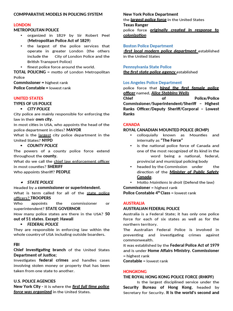 comparative models in policing system read and quiz | PDF | Police ...
