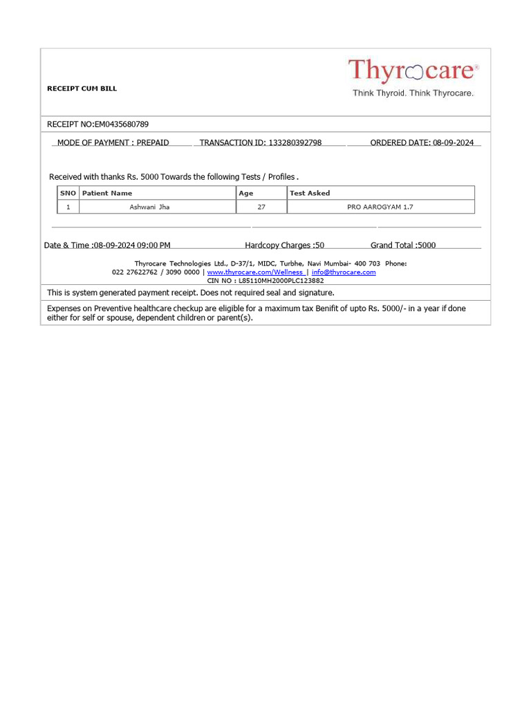 Thyrocare Invoice for Ashwani Jha | PDF