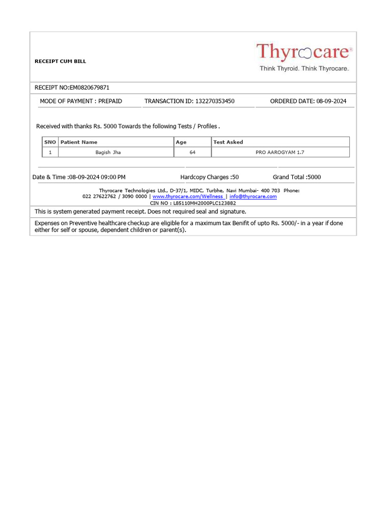 Thyrocare Payment Receipt for Tests | PDF