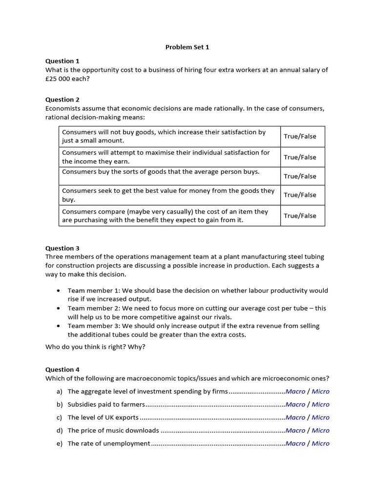 Economics Problem Set: Opportunity Cost & Decision-Making | PDF ...