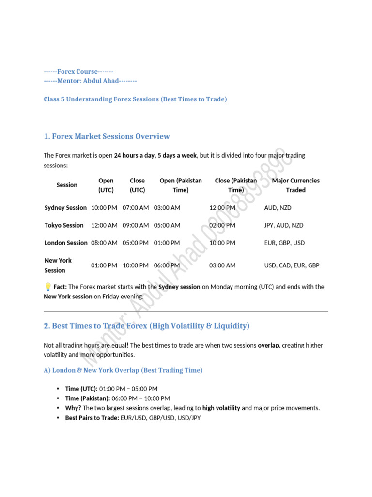 Class 5 Understanding Forex Sessions (Best Times To Trade) 1 | PDF ...