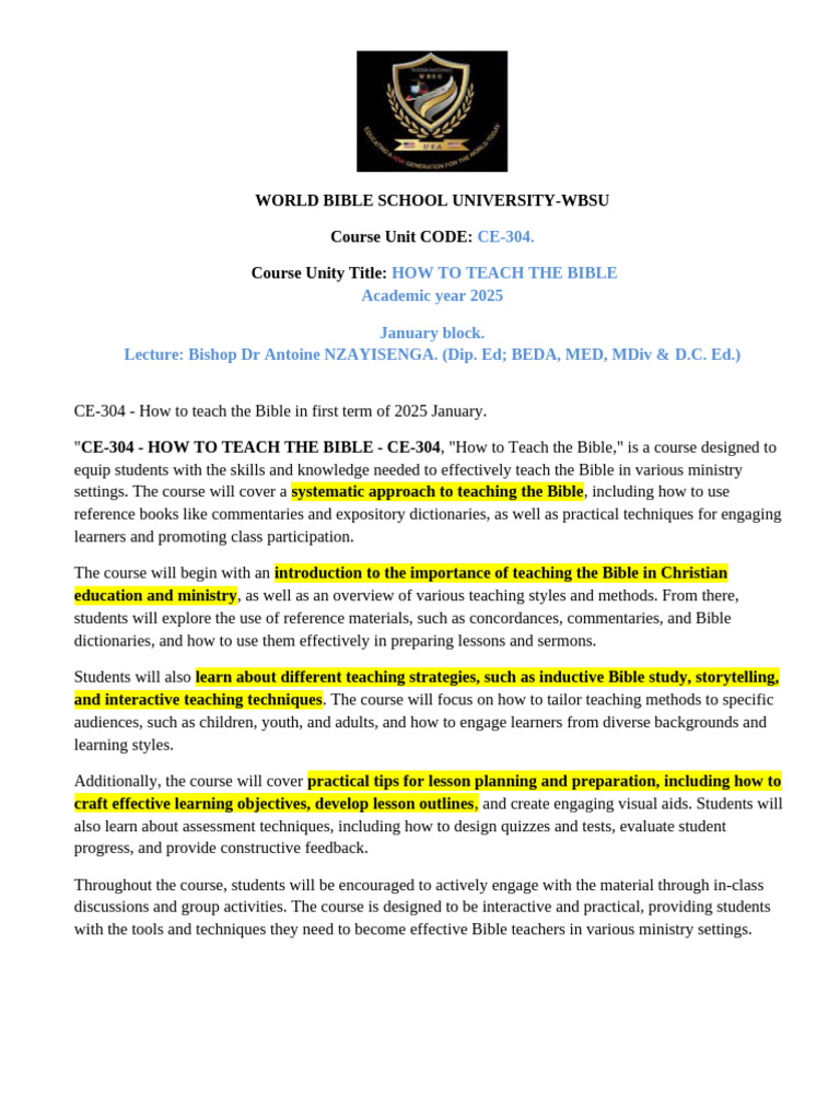 CE-304 Course Week 1 | PDF | Lecture | Bible