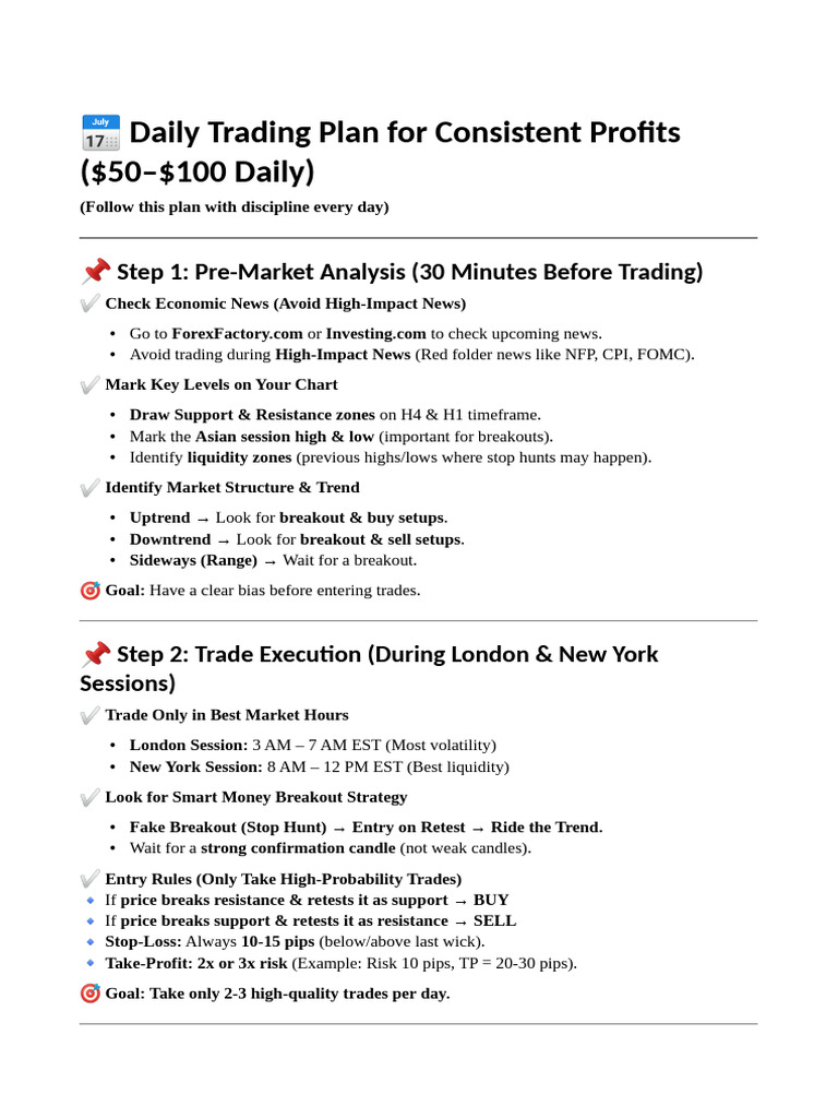 Daily Trading Plan for Consistency | PDF | Investing | Market (Economics)