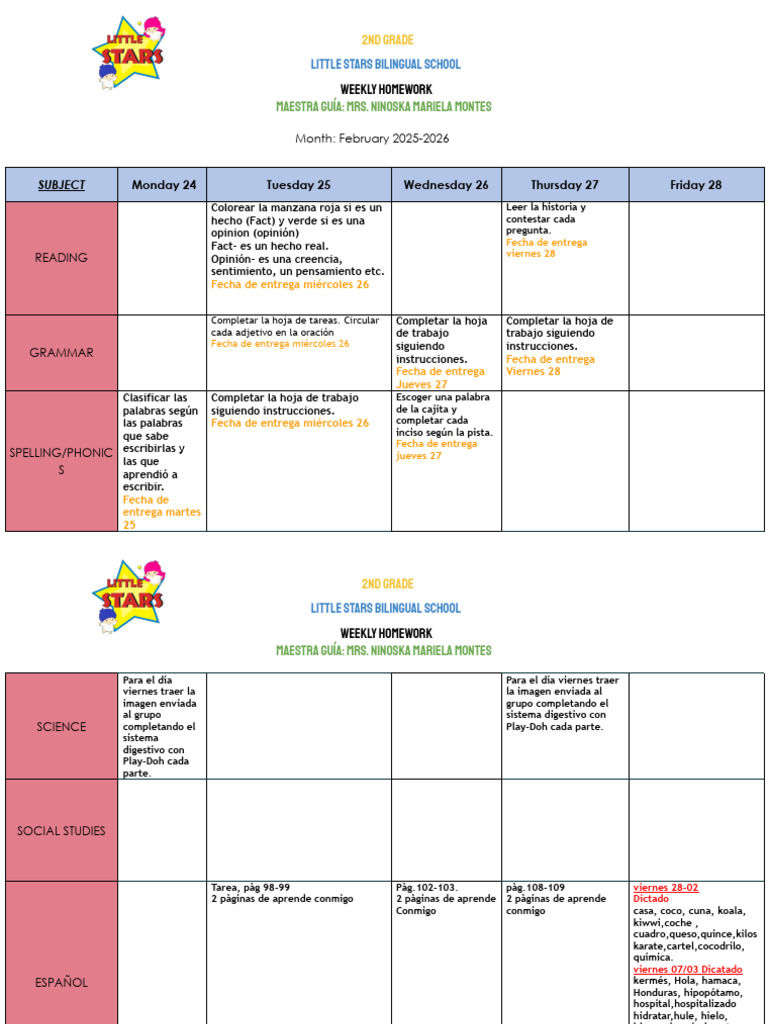 cuadro de tareas 2 Grado.docx | PDF