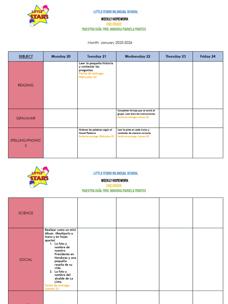 Tareas Semanales 2° Grado - Enero 2025 | PDF