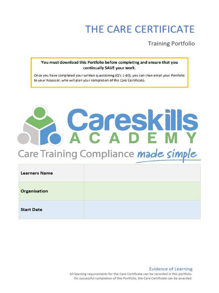 Care Certificate Training Portfolio | PDF | Occupational Safety And ...