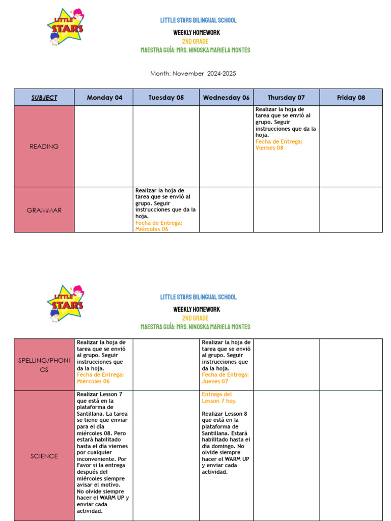 Cuadro de Tareas 2 Grado - Docx (2) Noviembre | PDF