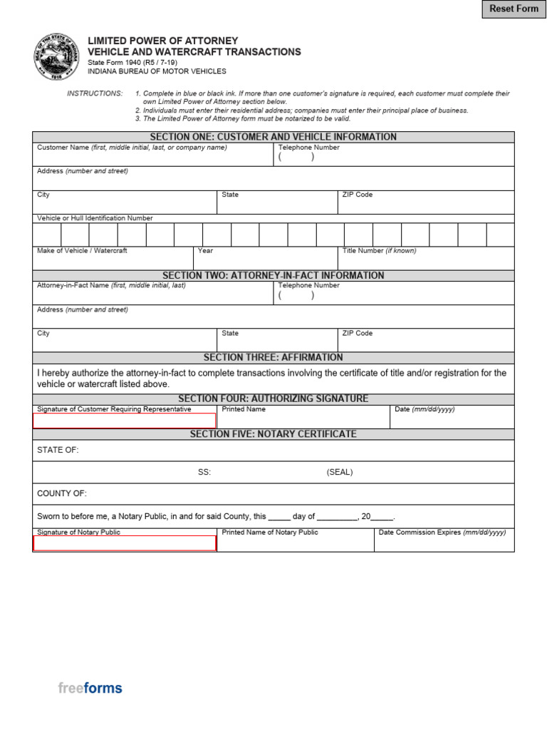 Indiana Motor Vehicle Power of Attorney Form 01940 | PDF | Power Of ...