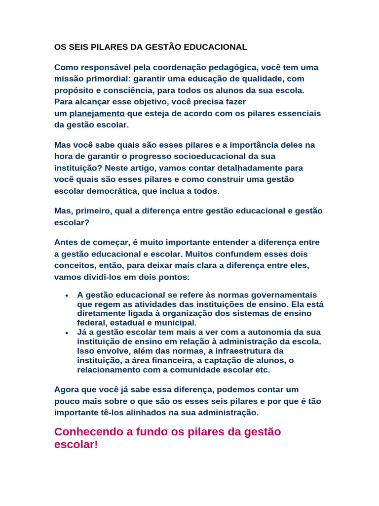 Seis Pilares da Gestão Escolar Eficiente | PDF | Gestão de recursos ...