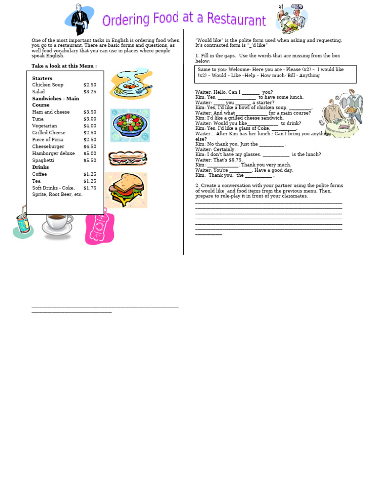 restaurant worksheet | PDF | Lunch | Waiting Staff