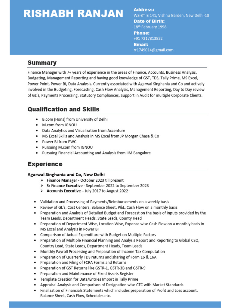 Rishabh’s resume | PDF | Budget | Income Statement