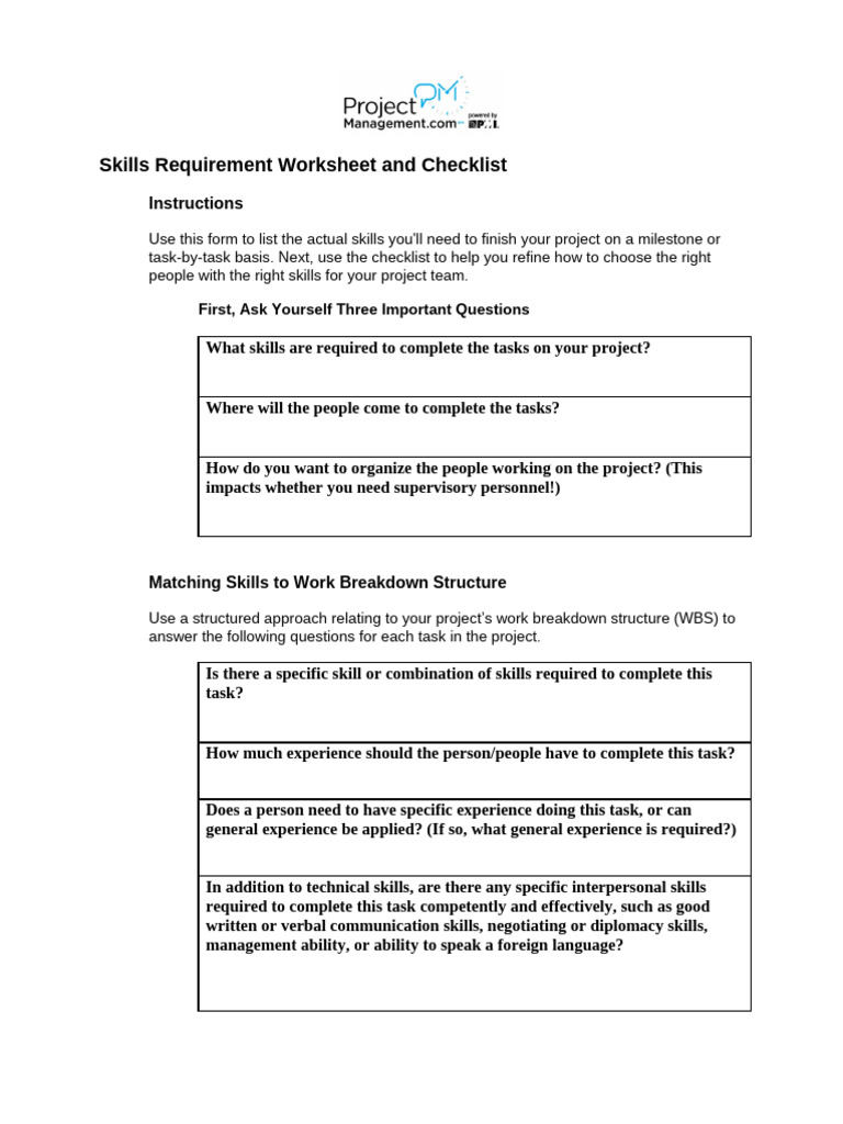 Skills Requirement Worksheet and Checklist | PDF | Skill | Communication