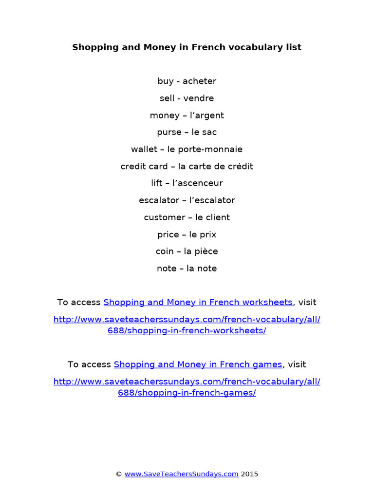 French Shopping Vocabulary Guide | PDF