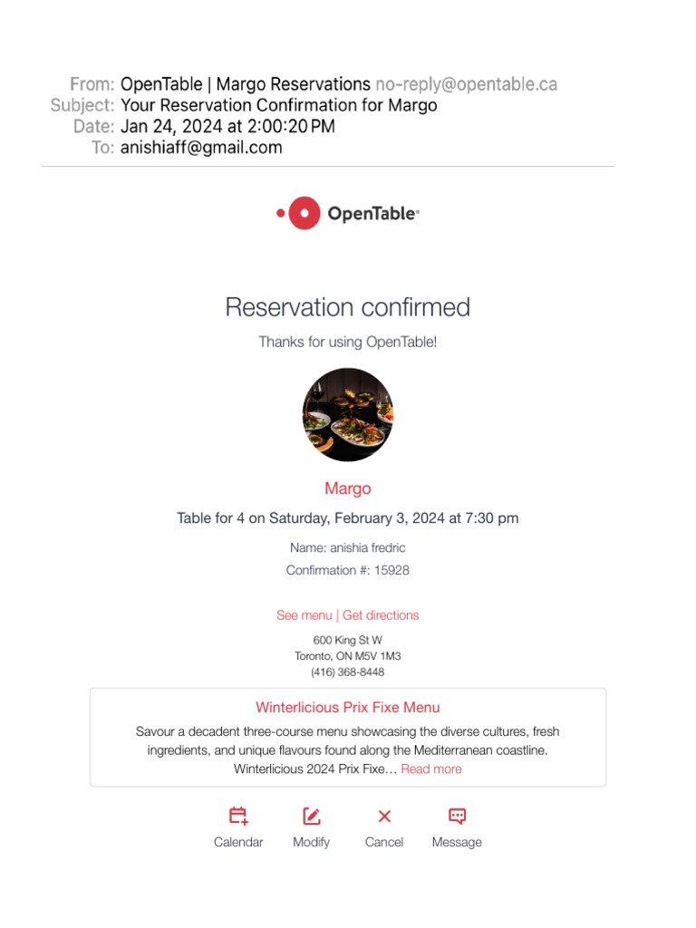 Margo Restaurant Reservation Confirmation | PDF