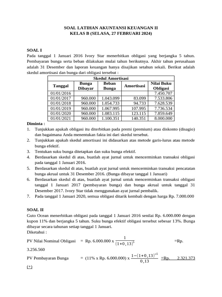 SOAL LATIHAN AKUNTANSI KEUANGAN II KELAS B (27 FEBRUARI 2024) | PDF