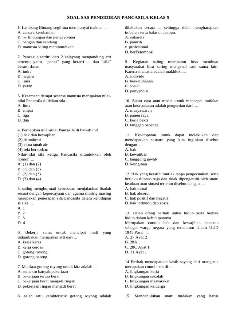 SOAL SAS PENDIDIKAN PANCASILA KELAS 5 SEM 1 | PDF
