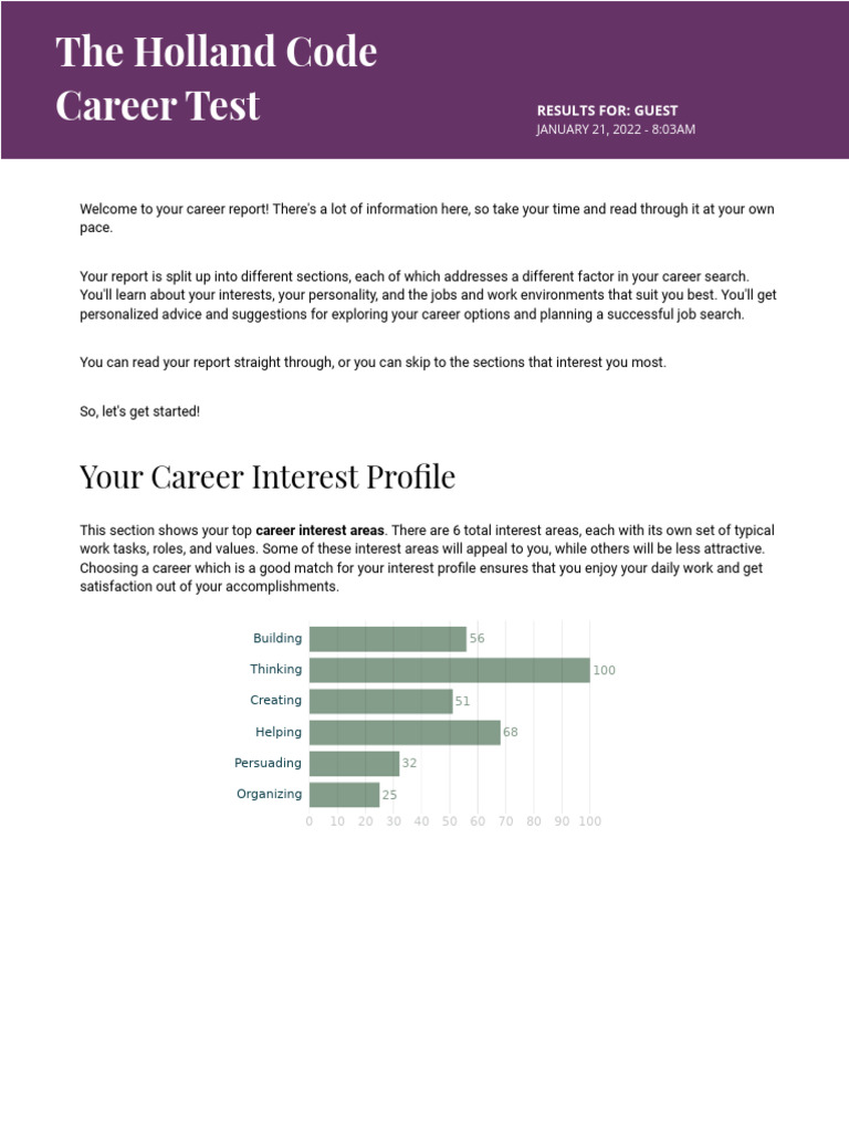 Free Holland Code Assessment Report | PDF | Physical Therapy | Nursing