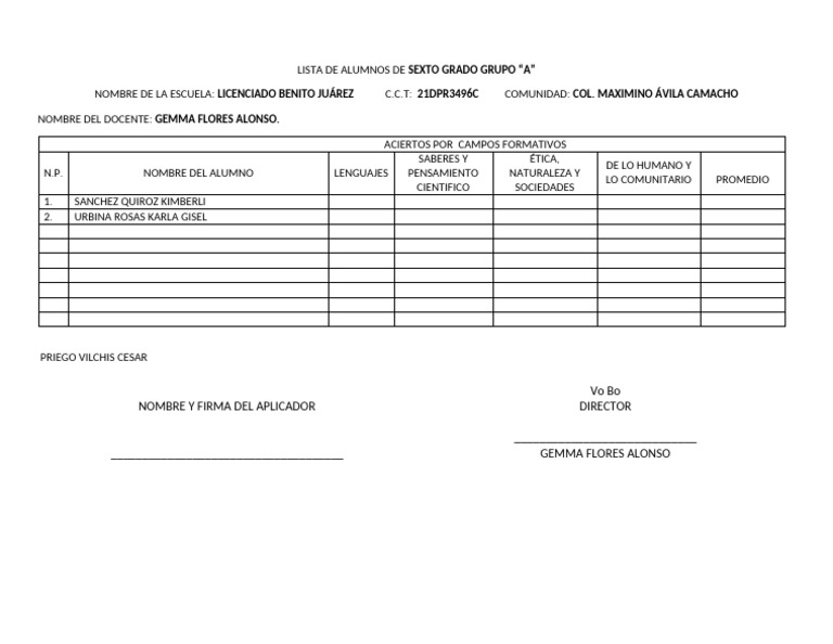 6° A - 3496C - Formato de Lista de Alumnos de Sexto Grado | PDF