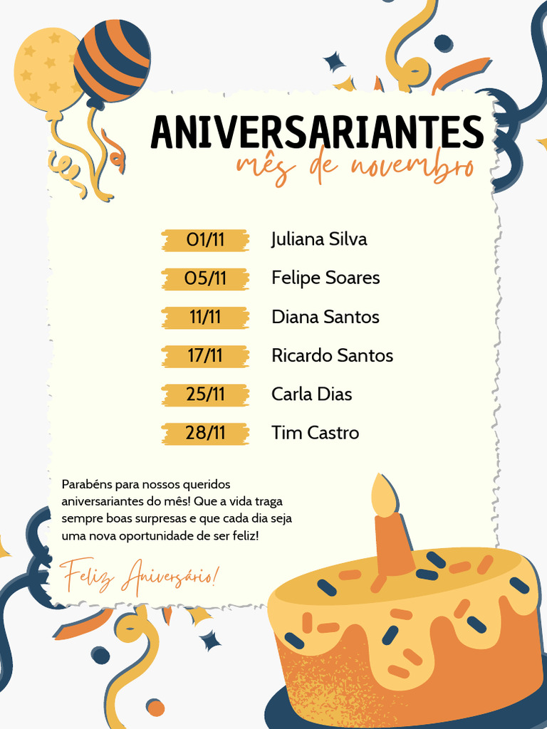 Documento A4 Fofo e Ilustrado Aniversariantes Do Mês Laranja e Amarelo ...