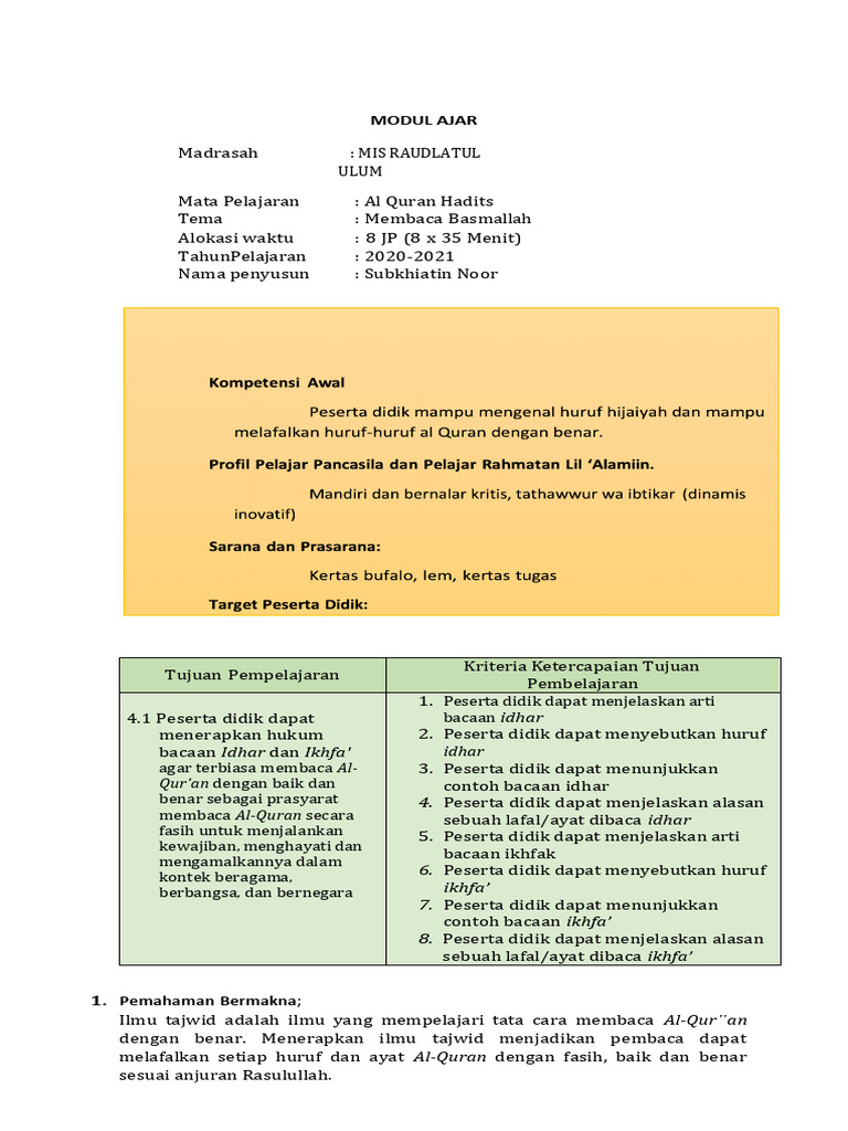 Modul Jar Qurdis Kelas 5 Tahun 2020-2021 | PDF