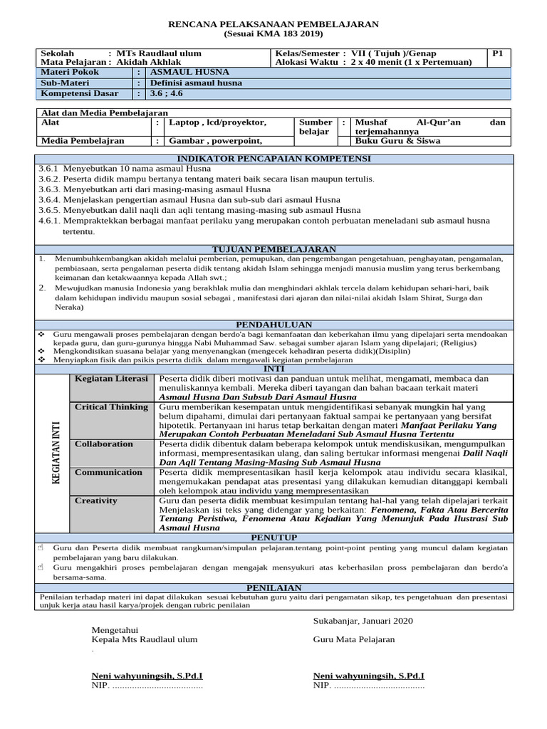 RPP Akidah Akhlak Kelas 7 Sem 2 Tahun 2019-2020 | PDF