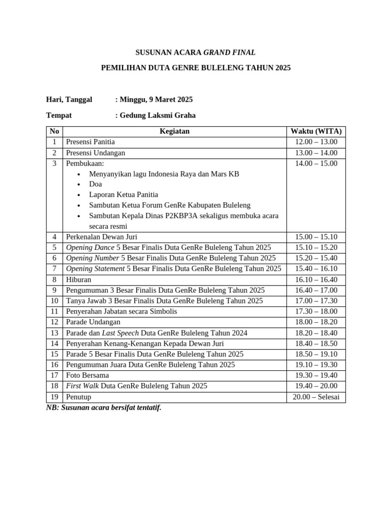 Susunan Acara Grand Final Pildugen Buleleng 2025 | PDF