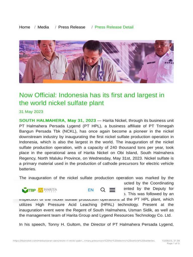 TBP Media - Now Official - Indonesia Has Its First and Largest in The World Nicke | PDF