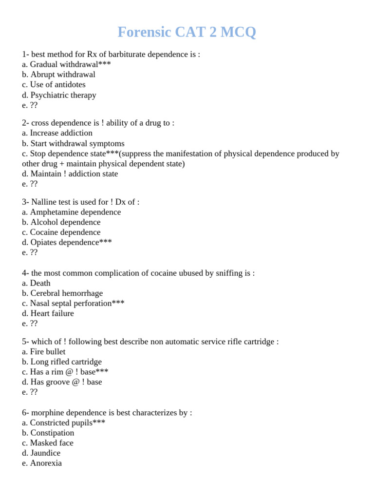 Forensic CAT 2 MCQ | PDF | Substance Dependence | Substance Abuse