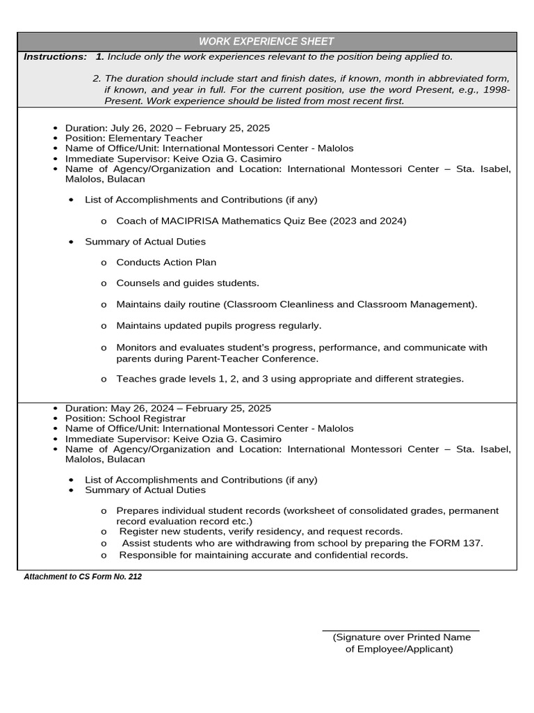 CS Form No. 212 Attachment - Work Experience Sheet 2-JE | PDF ...