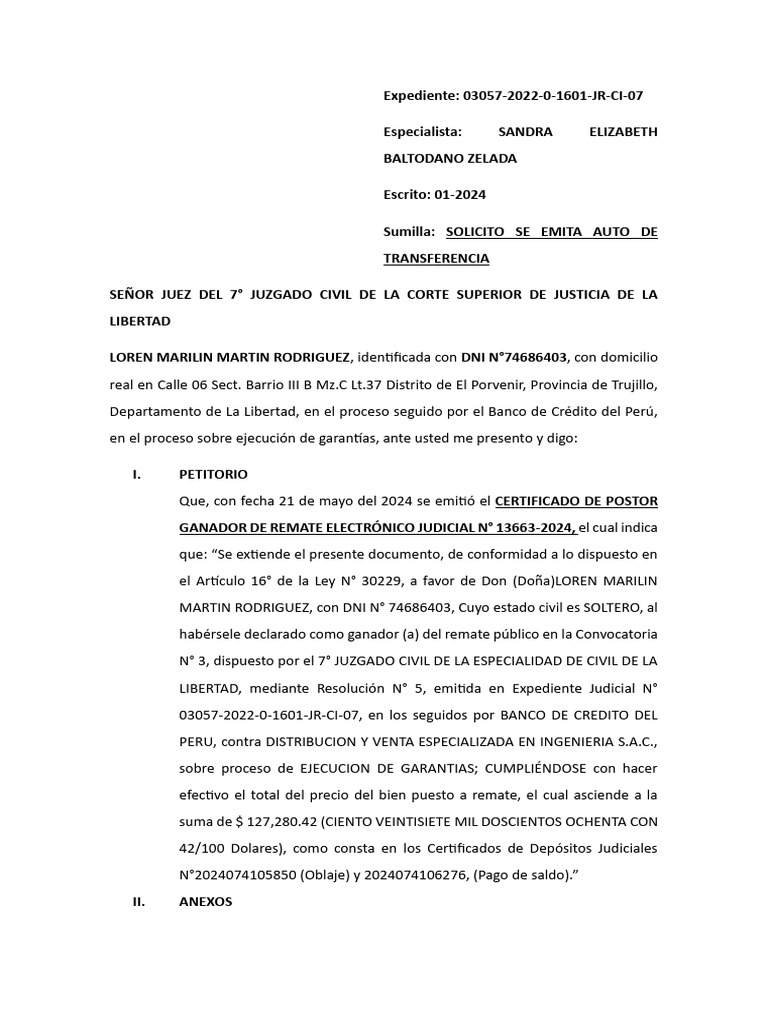SOLICITO SE EMITA AUTO DE TRANSFERENCIA | PDF | Ley Pública | Justicia