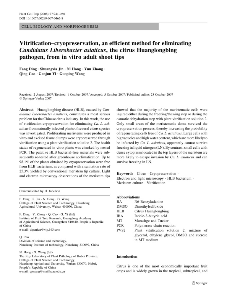 2008 Ding Vitrification-Cryopreservation To Eliminat Las From in Vitro Shoots MKD | PDF | Biology