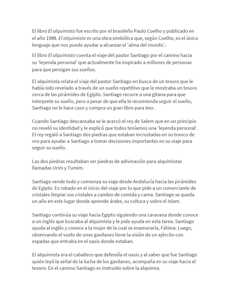Resumen de "El Alquimista" de Coelho | PDF