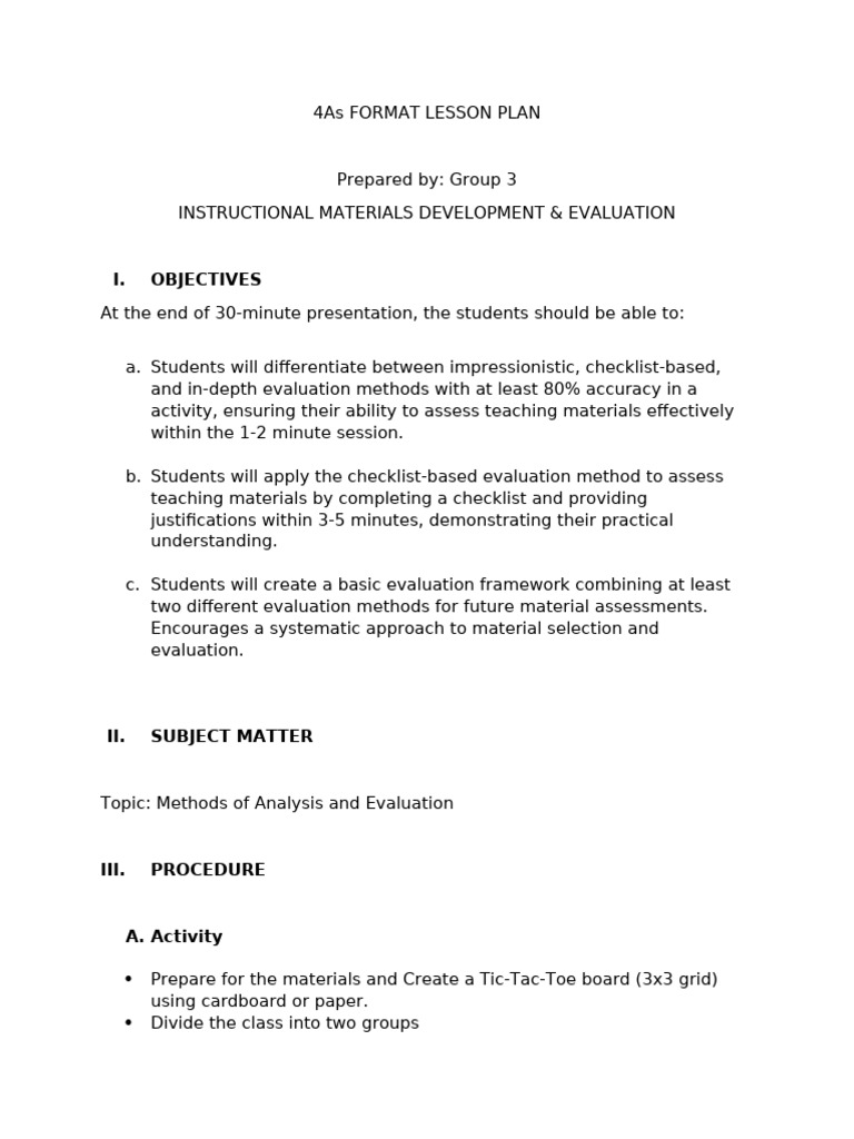 4As FORMAT LESSON PLAN FOR VISUAL AIDS | PDF | Evaluation | Lesson Plan