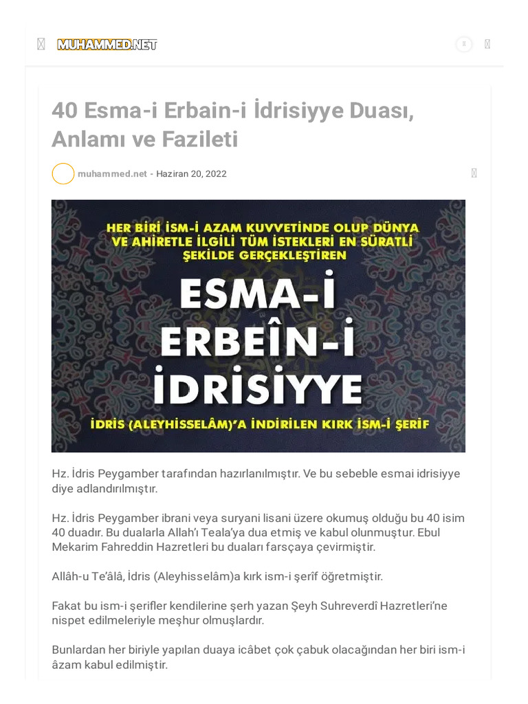 40 Esma-I Erbain-I İdrisiyye Duası, Anlamı Ve Fazileti | PDF