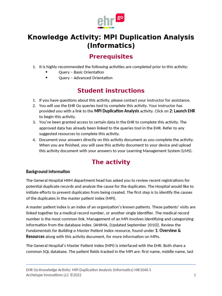 MPI Duplication Analysis (Informatics) HIK1046.5 | PDF | Electronic Health Record | Health ...