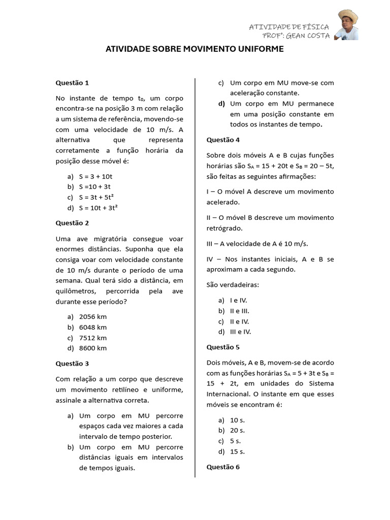 Atividade Sobre Movimento Uniforme | PDF | Tempo | Velocidade