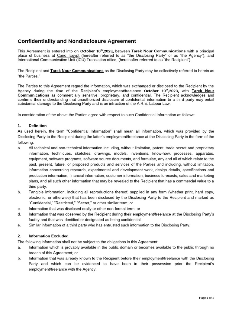 NDA for Tarek Nour Communications | PDF | Non Disclosure Agreement | Business Law
