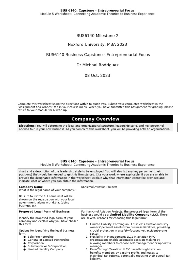 10. BUS6140 Module 5 Worksheet Milestone 2.Docx | PDF | Limited ...