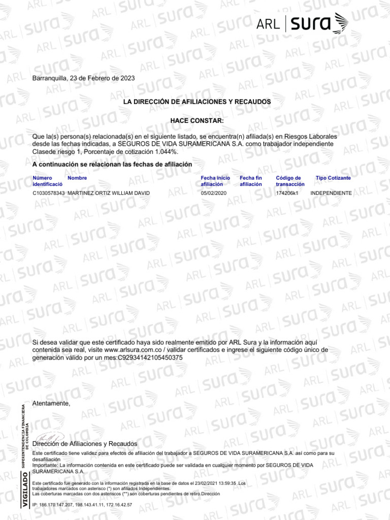 Certificado de Afiliación ARL Sura | PDF