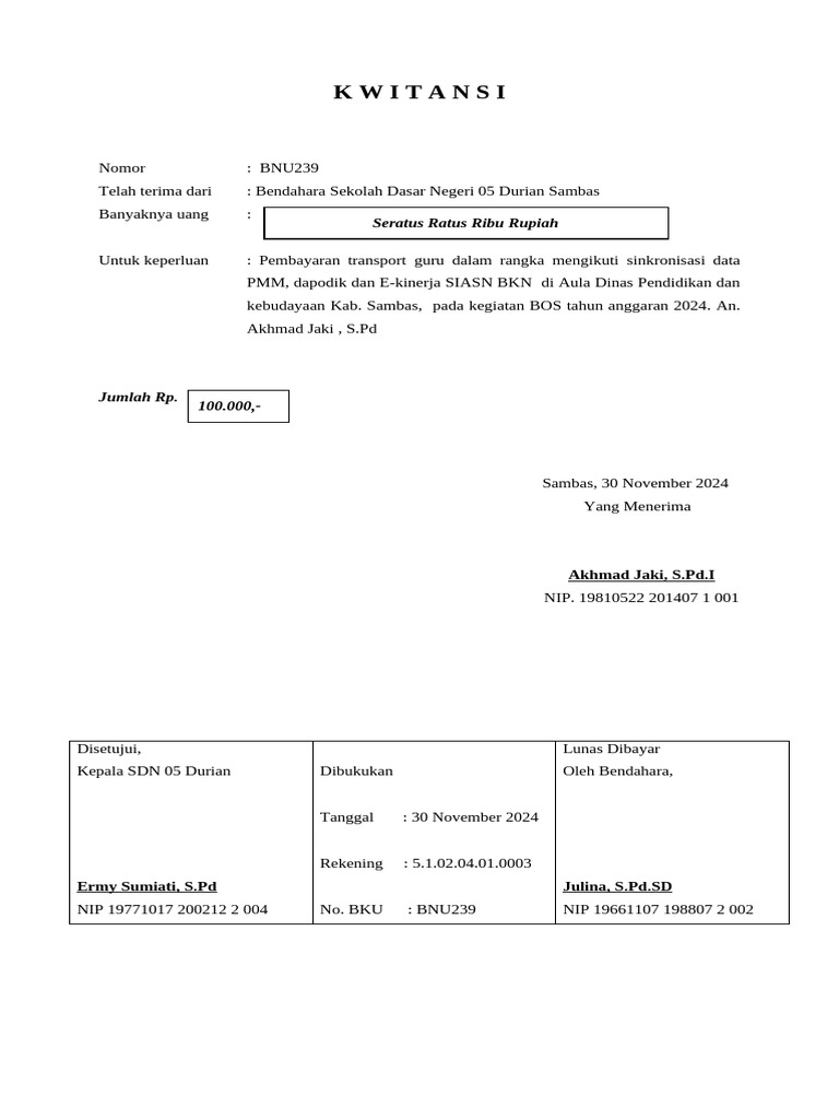 KWITANSI TRANSPORT JAKI | PDF